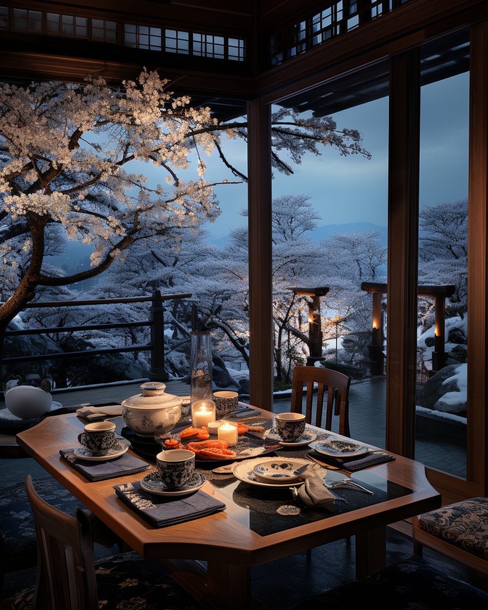 A Traditional Japanese House with a View of Snow-Covered Kyoto Town