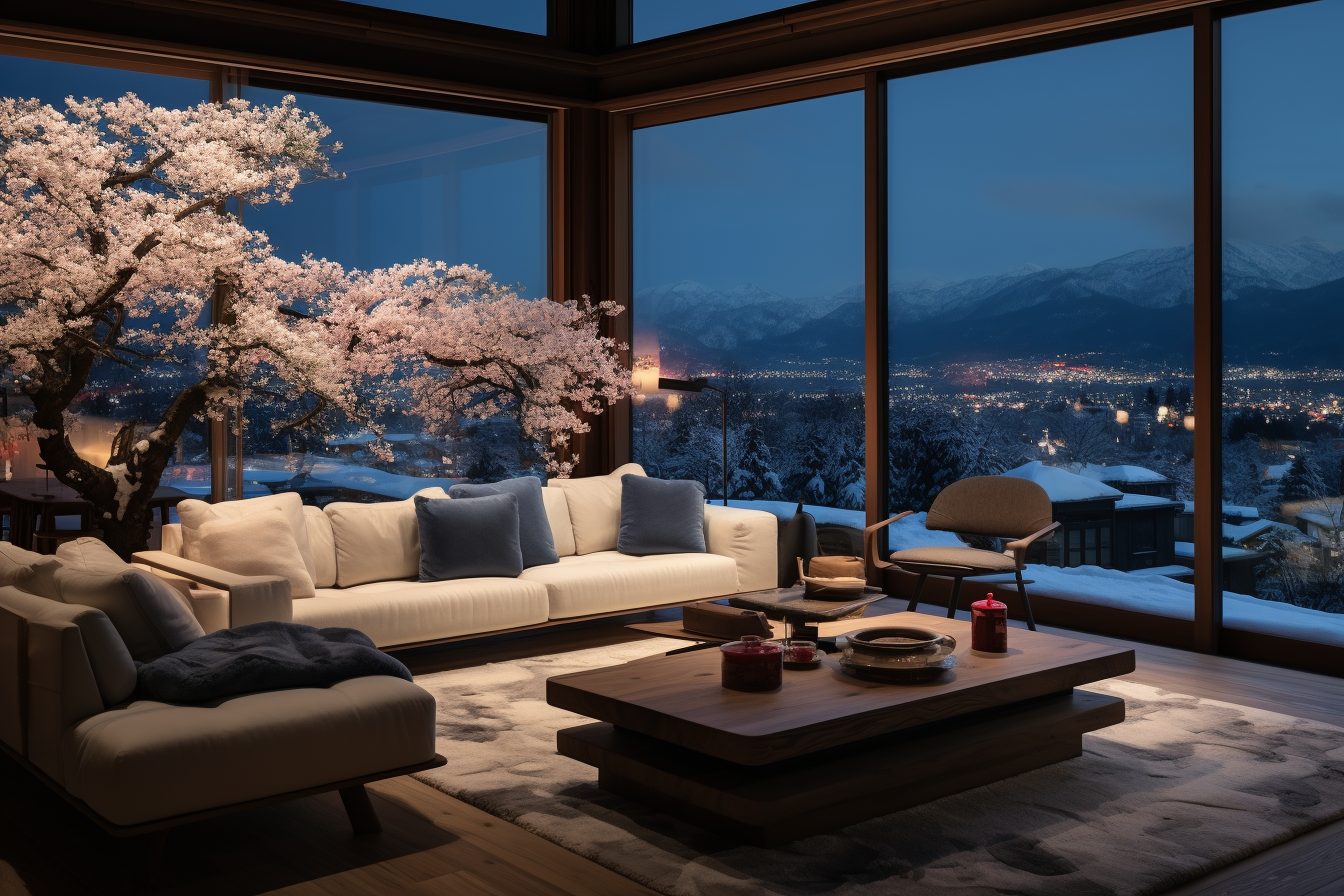 A Traditional Japanese House with a View of Snow-Covered Kyoto Town