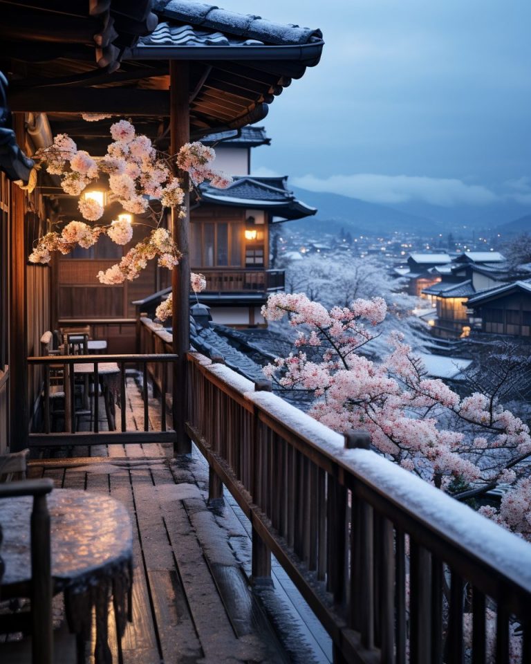 A Traditional Japanese House with a View of Snow-Covered Kyoto Town