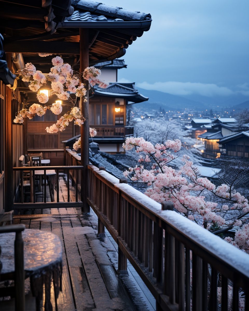A Traditional Japanese House with a View of Snow-Covered Kyoto Town