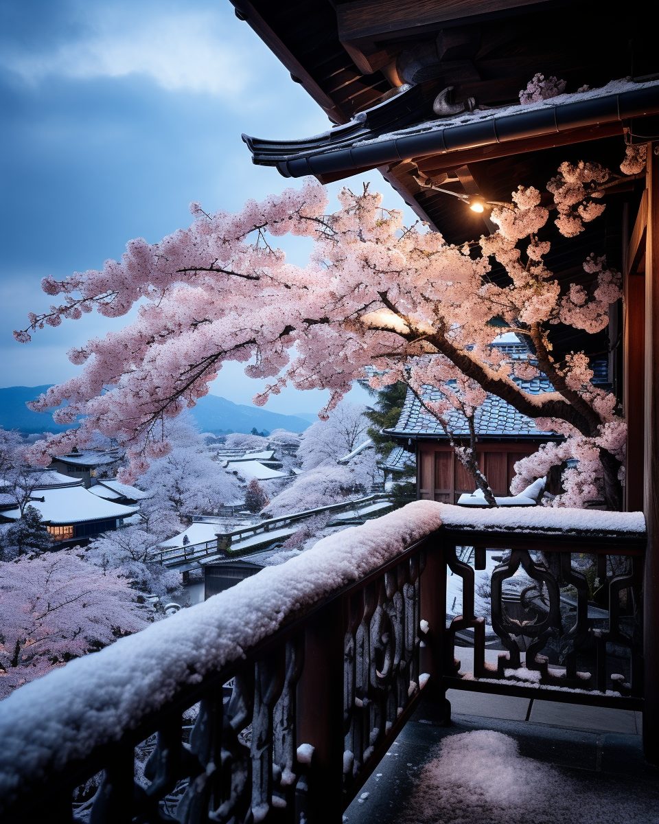A Traditional Japanese House with a View of Snow-Covered Kyoto Town