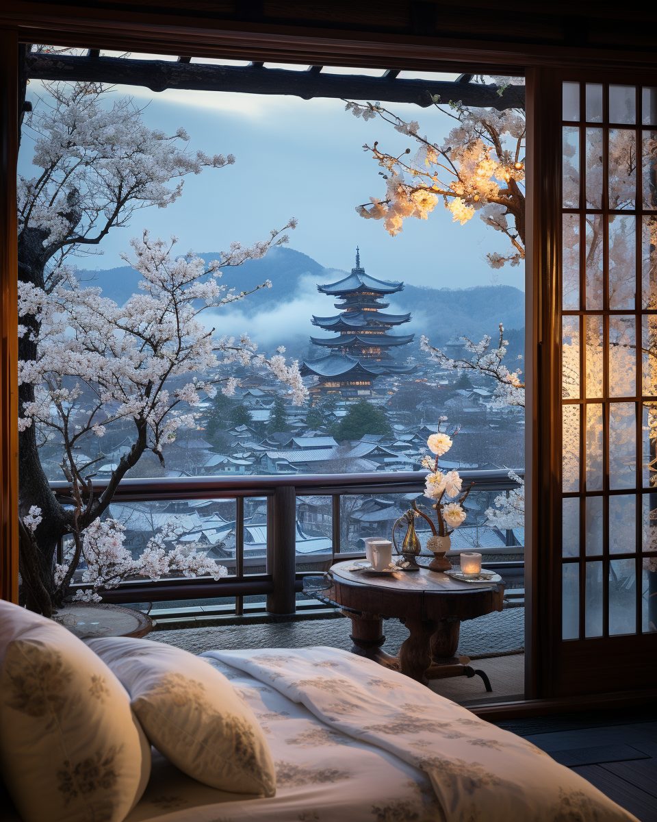 A Traditional Japanese House with a View of Snow-Covered Kyoto Town