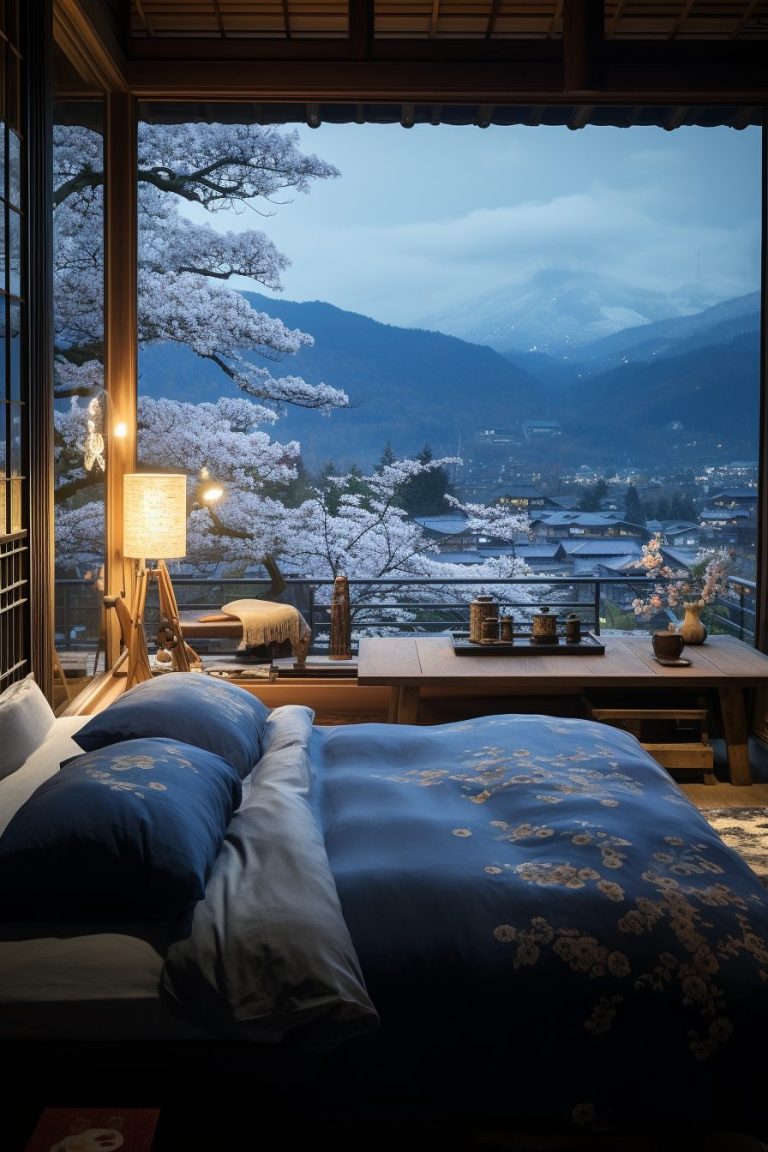 A Traditional Japanese House with a View of Snow-Covered Kyoto Town