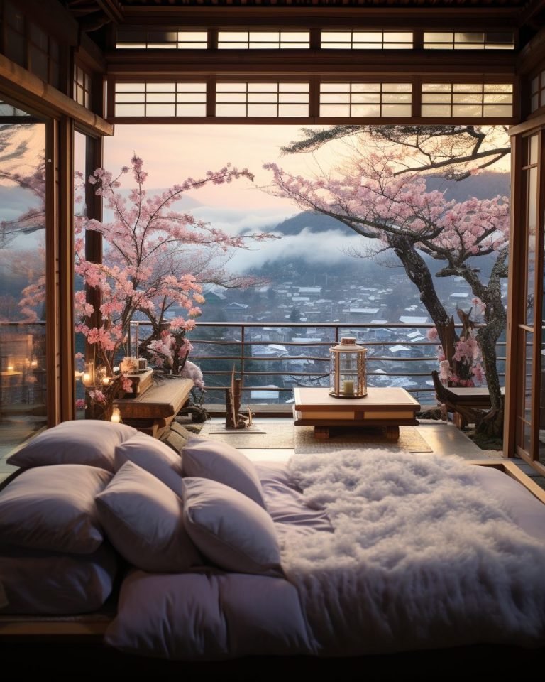 A Traditional Japanese House with a View of Snow-Covered Kyoto Town