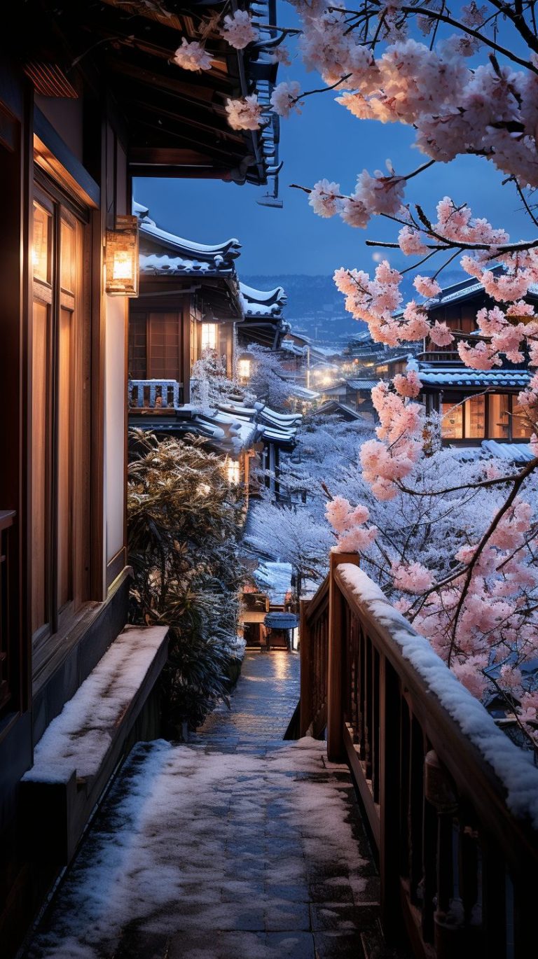 A Traditional Japanese House with a View of Snow-Covered Kyoto Town