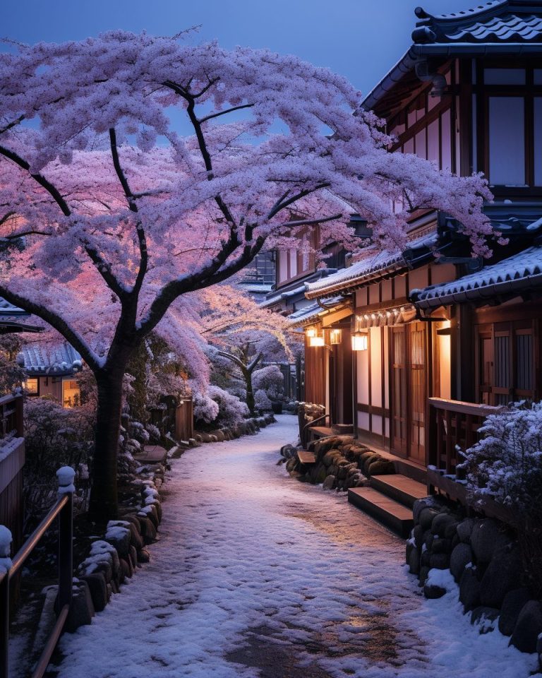 A Traditional Japanese House with a View of Snow-Covered Kyoto Town