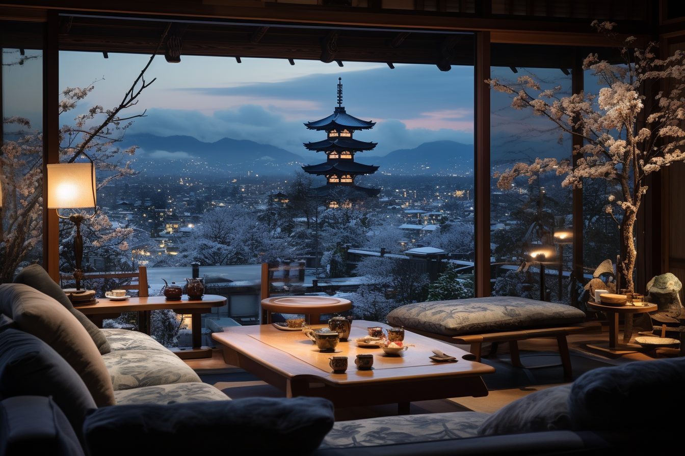 A Traditional Japanese House with a View of Snow-Covered Kyoto Town