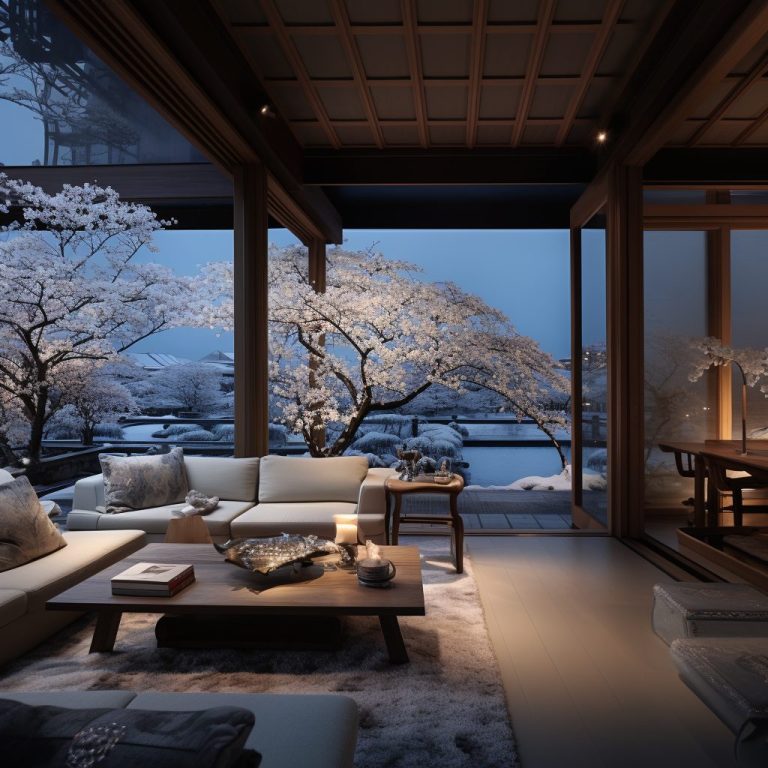 A Traditional Japanese House with a View of Snow-Covered Kyoto Town