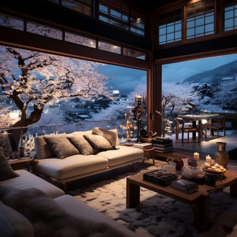 A Traditional Japanese House with a View of Snow-Covered Kyoto Town