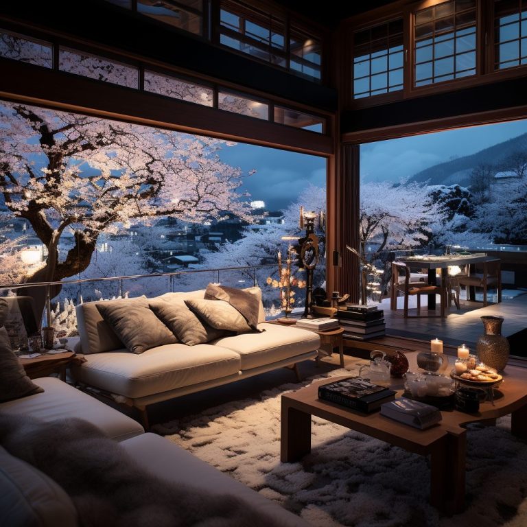 A Traditional Japanese House with a View of Snow-Covered Kyoto Town