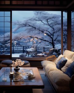 A Traditional Japanese House with a View of Snow-Covered Kyoto Town