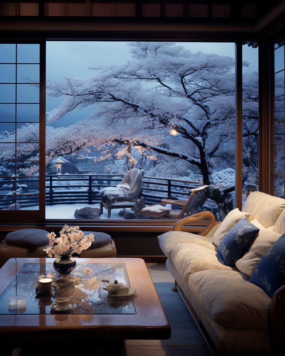 A Traditional Japanese House with a View of Snow-Covered Kyoto Town