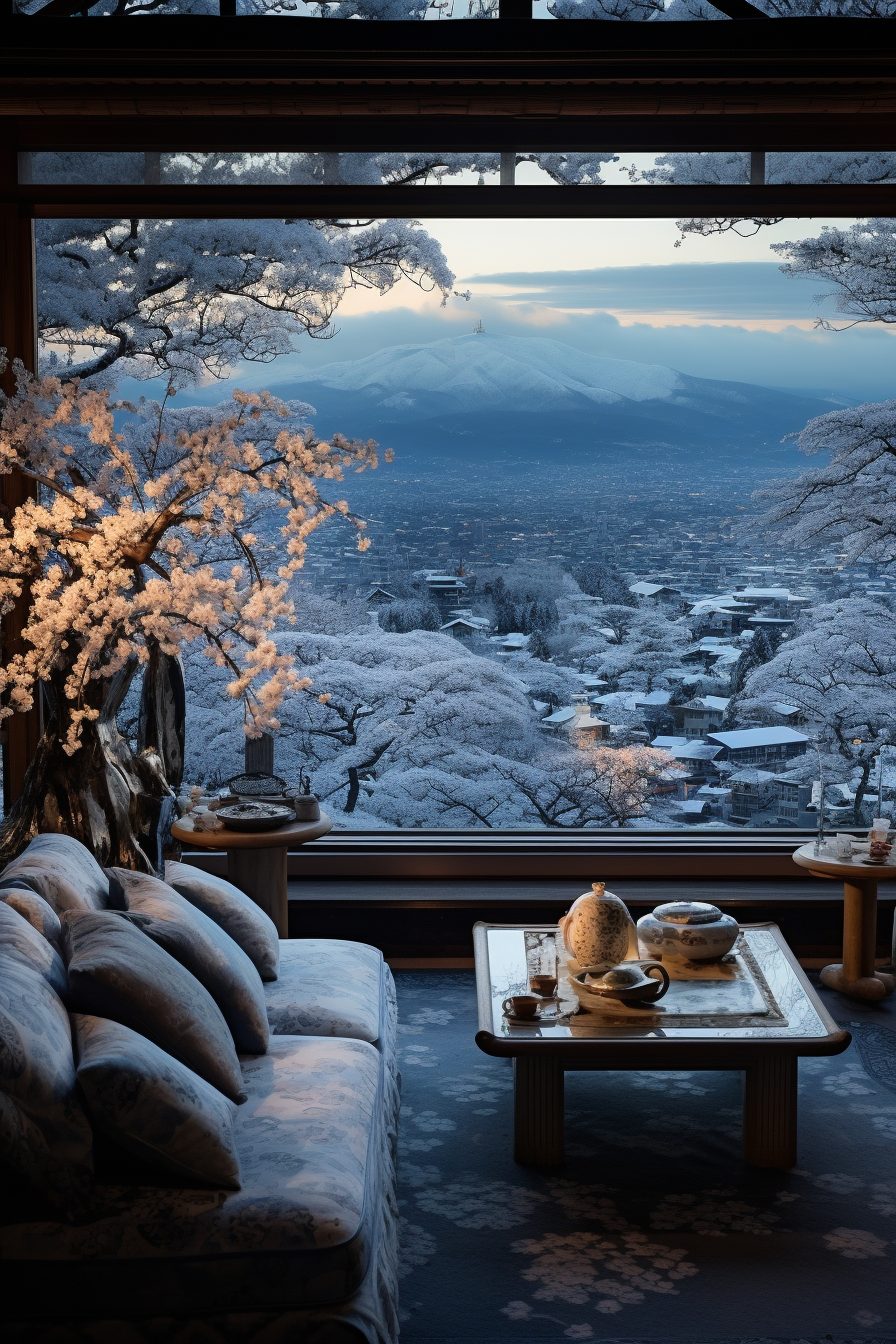 A Traditional Japanese House with a View of Snow-Covered Kyoto Town