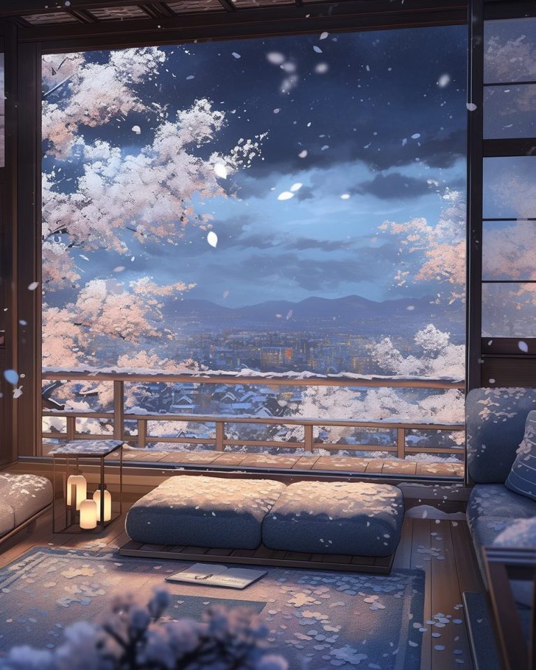 A Traditional Japanese House with a View of Snow-Covered Kyoto Town
