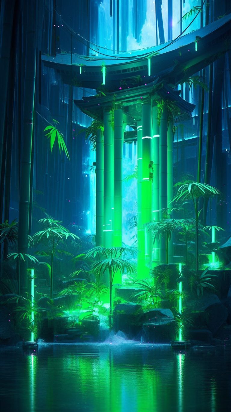 An Oriental Village with Green Neon Lights and Bamboo Landscape