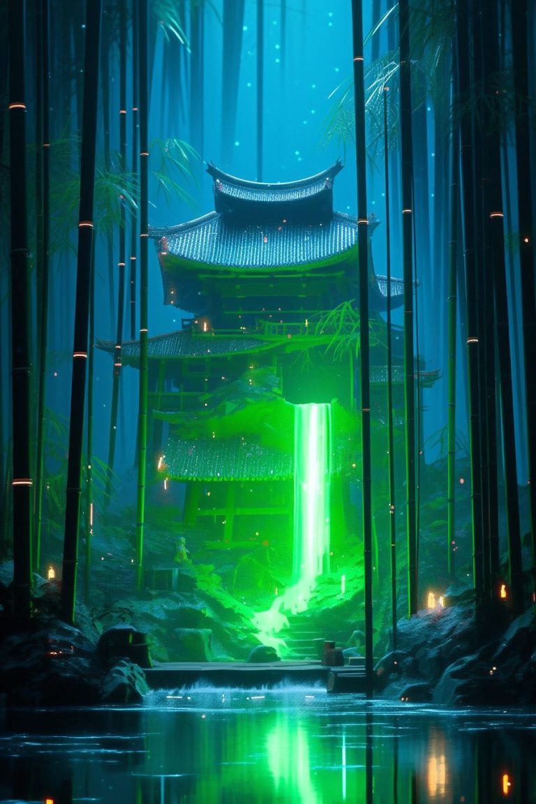 An Oriental Village with Green Neon Lights and Bamboo Landscape