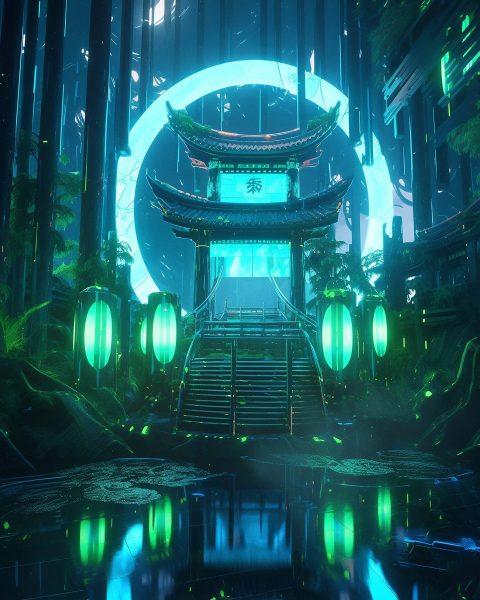 An Oriental Village with Green Neon Lights and Bamboo Landscape