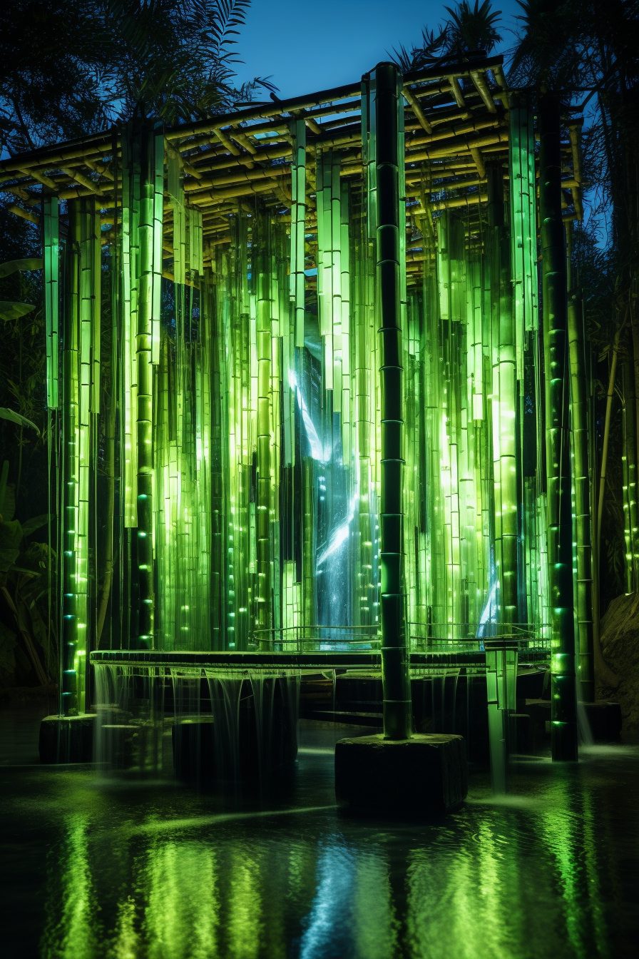 An Oriental Village with Green Neon Lights and Bamboo Landscape