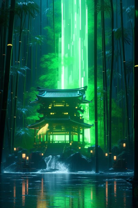 An Oriental Village with Green Neon Lights and Bamboo Landscape