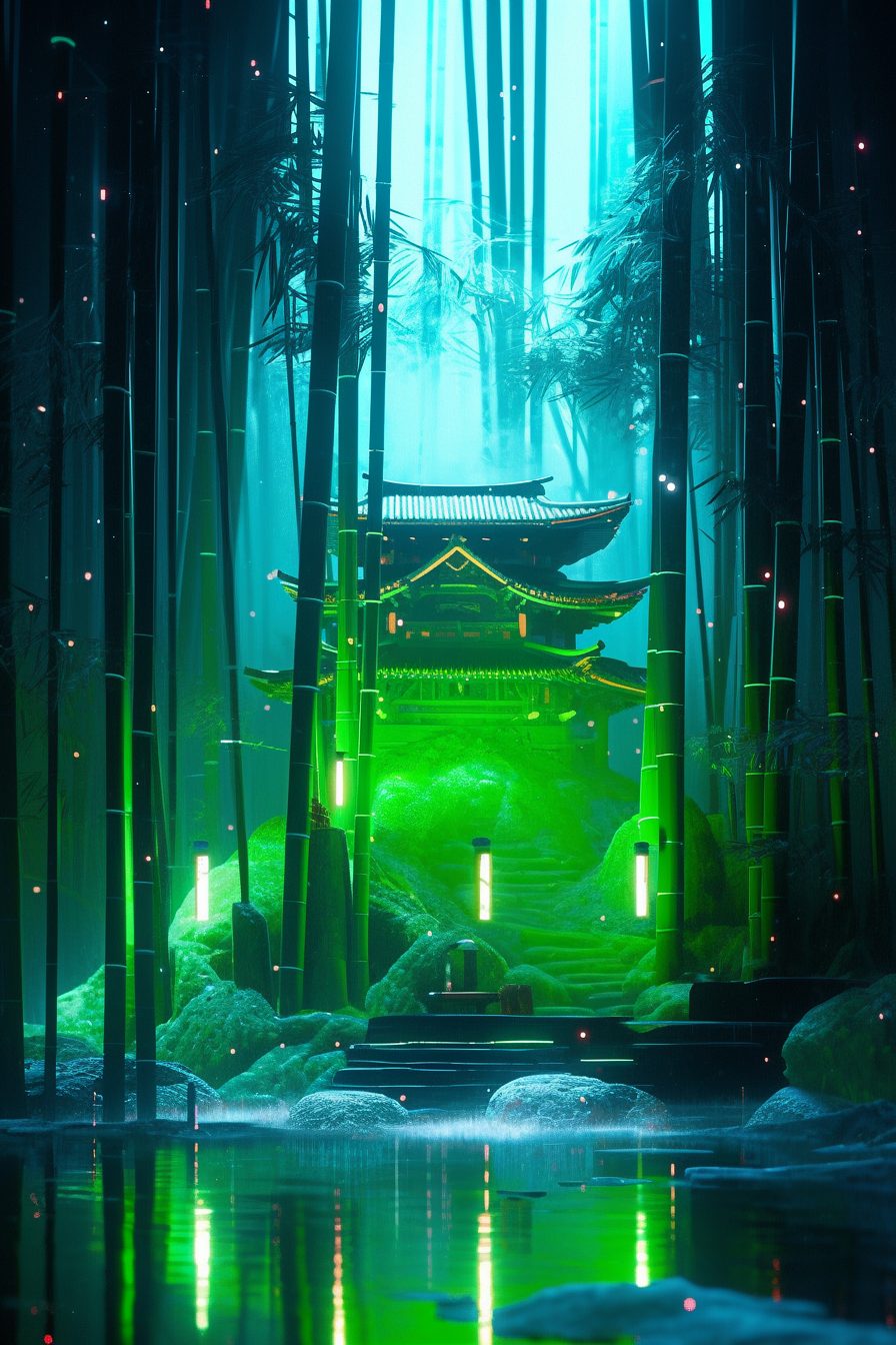 An Oriental Village with Green Neon Lights and Bamboo Landscape