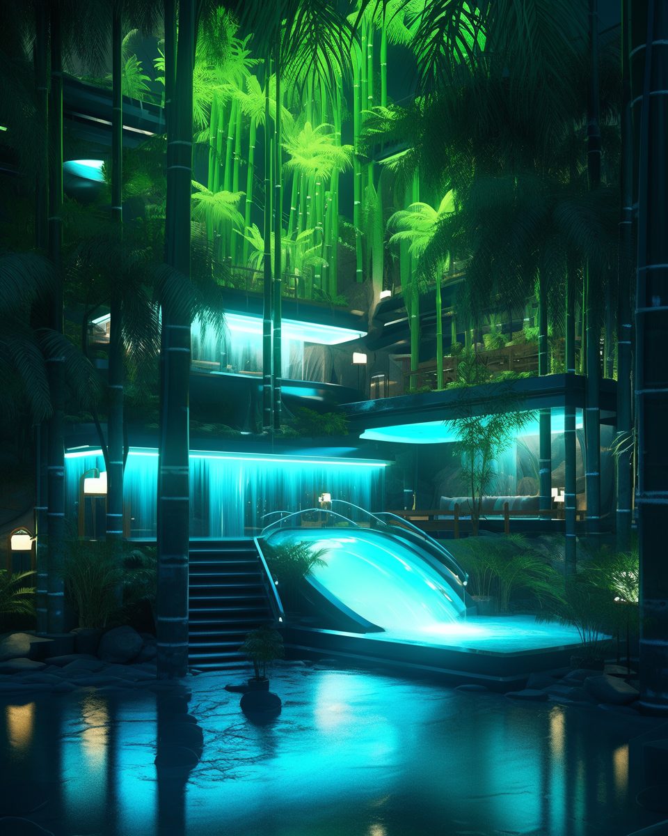An Oriental Village with Green Neon Lights and Bamboo Landscape