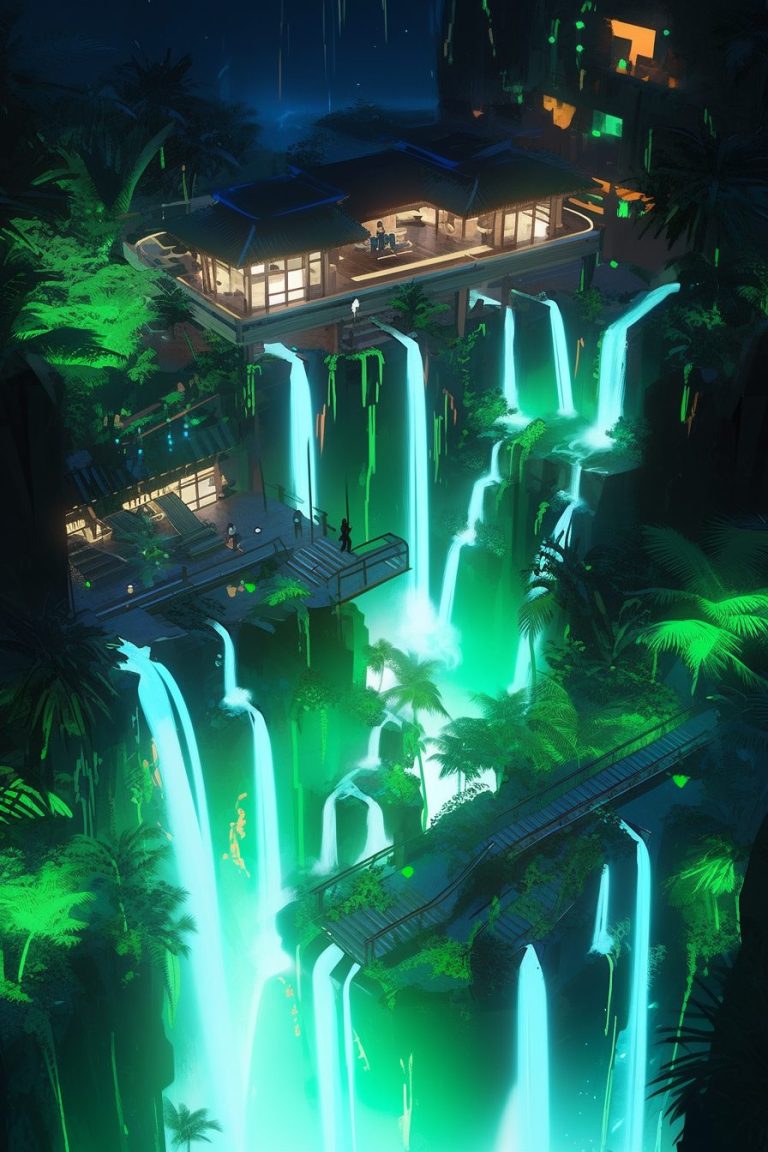 An Oriental Village with Green Neon Lights and Bamboo Landscape
