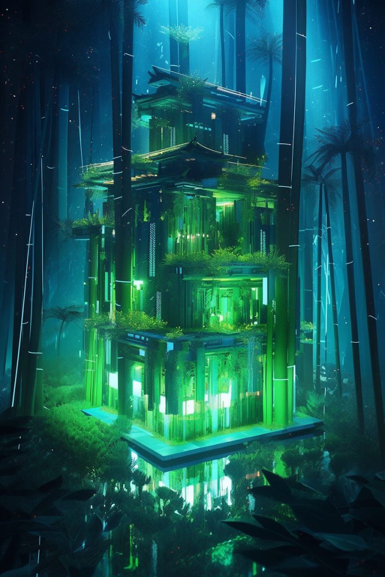 An Oriental Village with Green Neon Lights and Bamboo Landscape