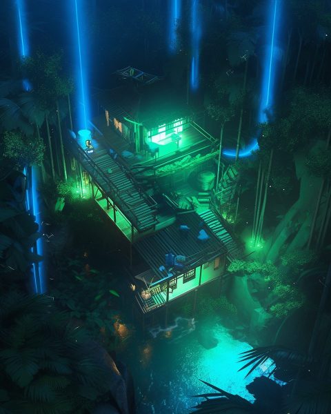 An Oriental Village with Green Neon Lights and Bamboo Landscape