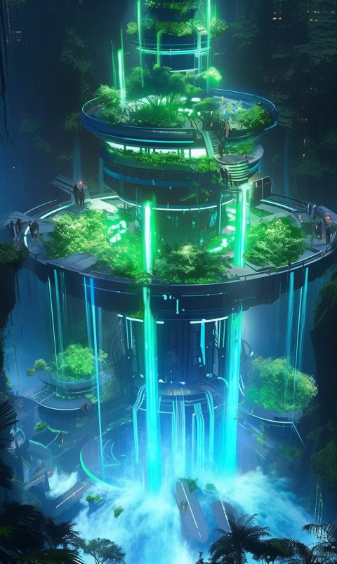 An Oriental Village with Green Neon Lights and Bamboo Landscape