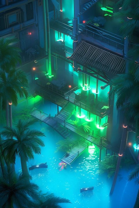 An Oriental Village with Green Neon Lights and Bamboo Landscape