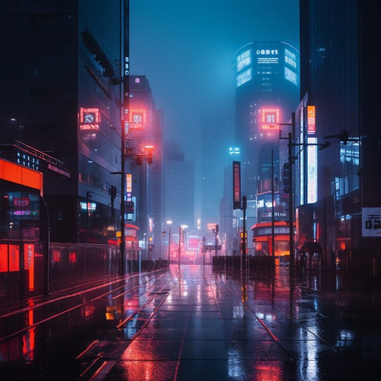 Blue and Orange Neon Cyberpunk Buildings