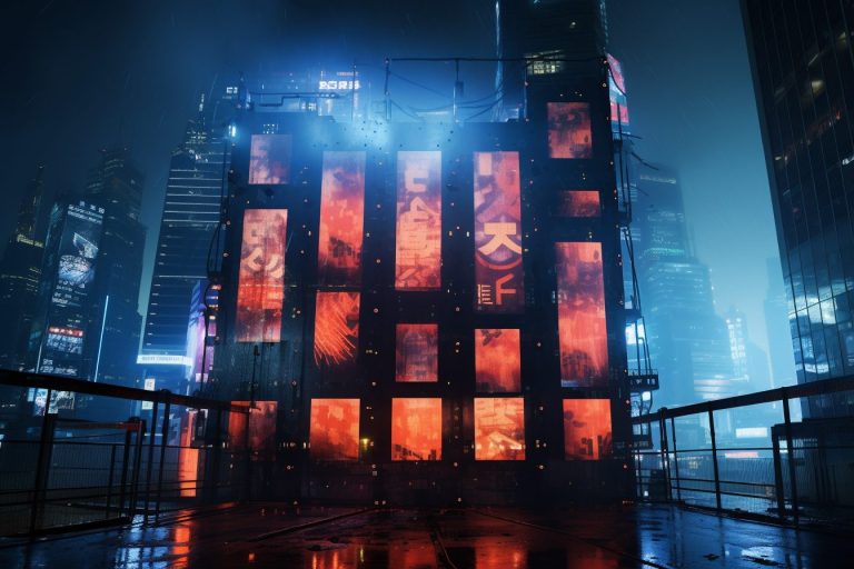 Blue and Orange Neon Cyberpunk Buildings