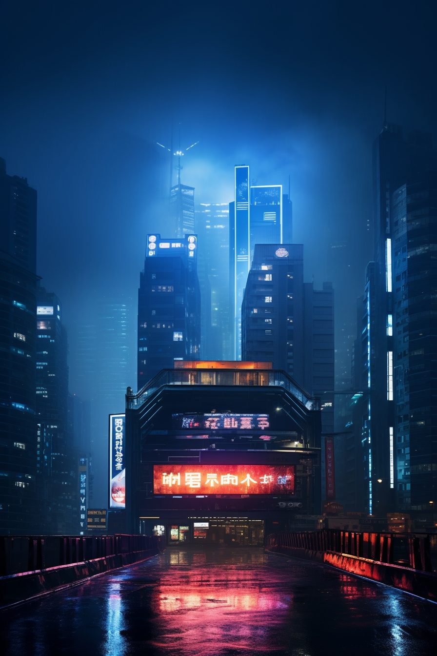 Blue and Orange Neon Cyberpunk Buildings