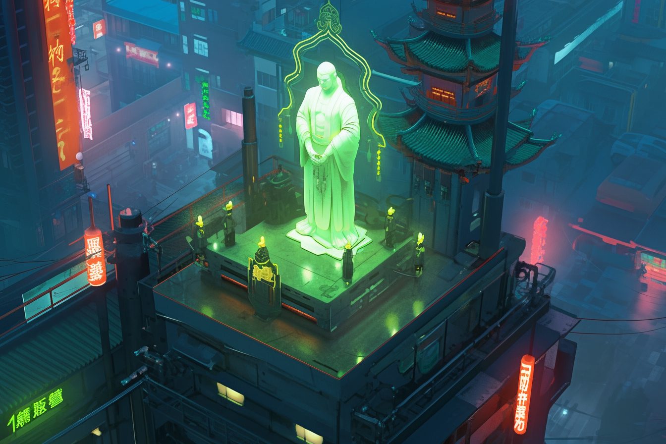 Cyberpunk Chinatown and Its Neon Statues