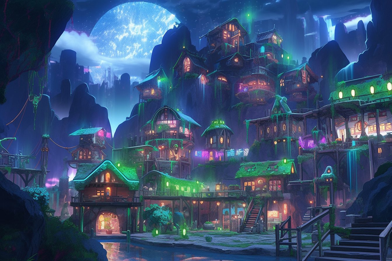 Fantasy Mountain Villages with Neon Vibes