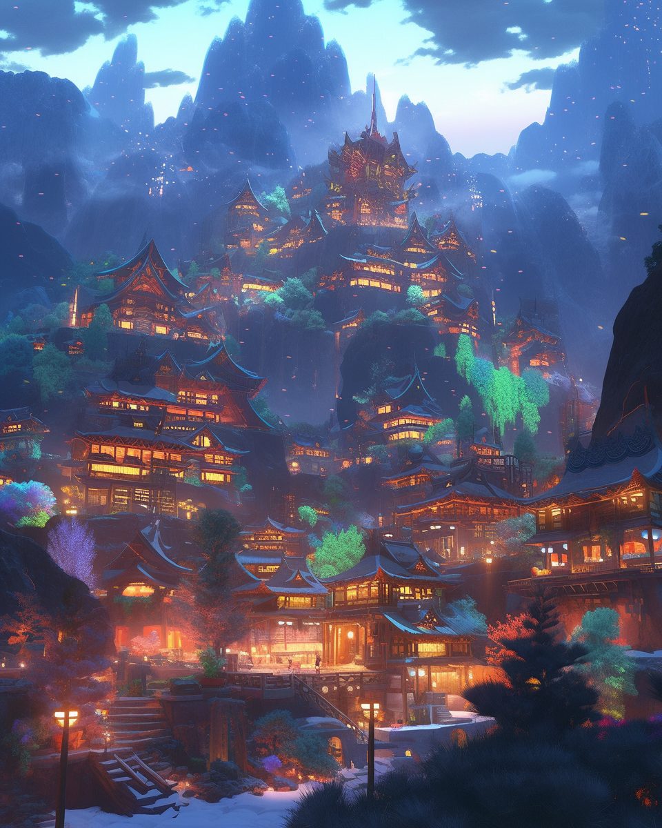 Fantasy Mountain Villages with Neon Vibes