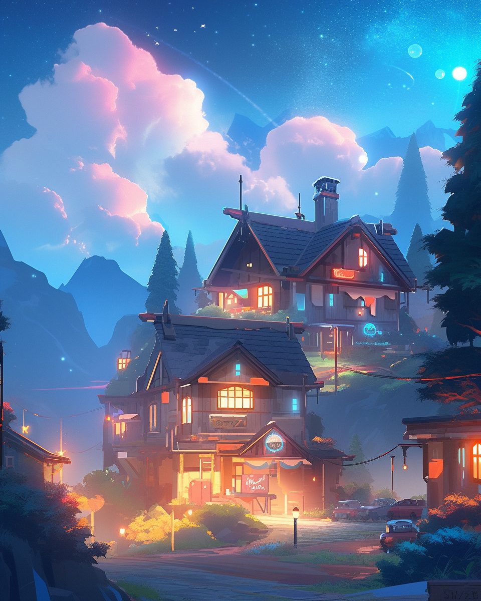 Fantasy Mountain Villages with Neon Vibes