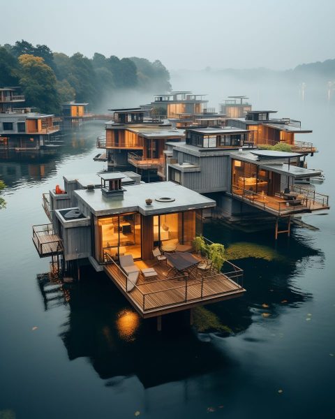 Modern Floating Houses On A Lake