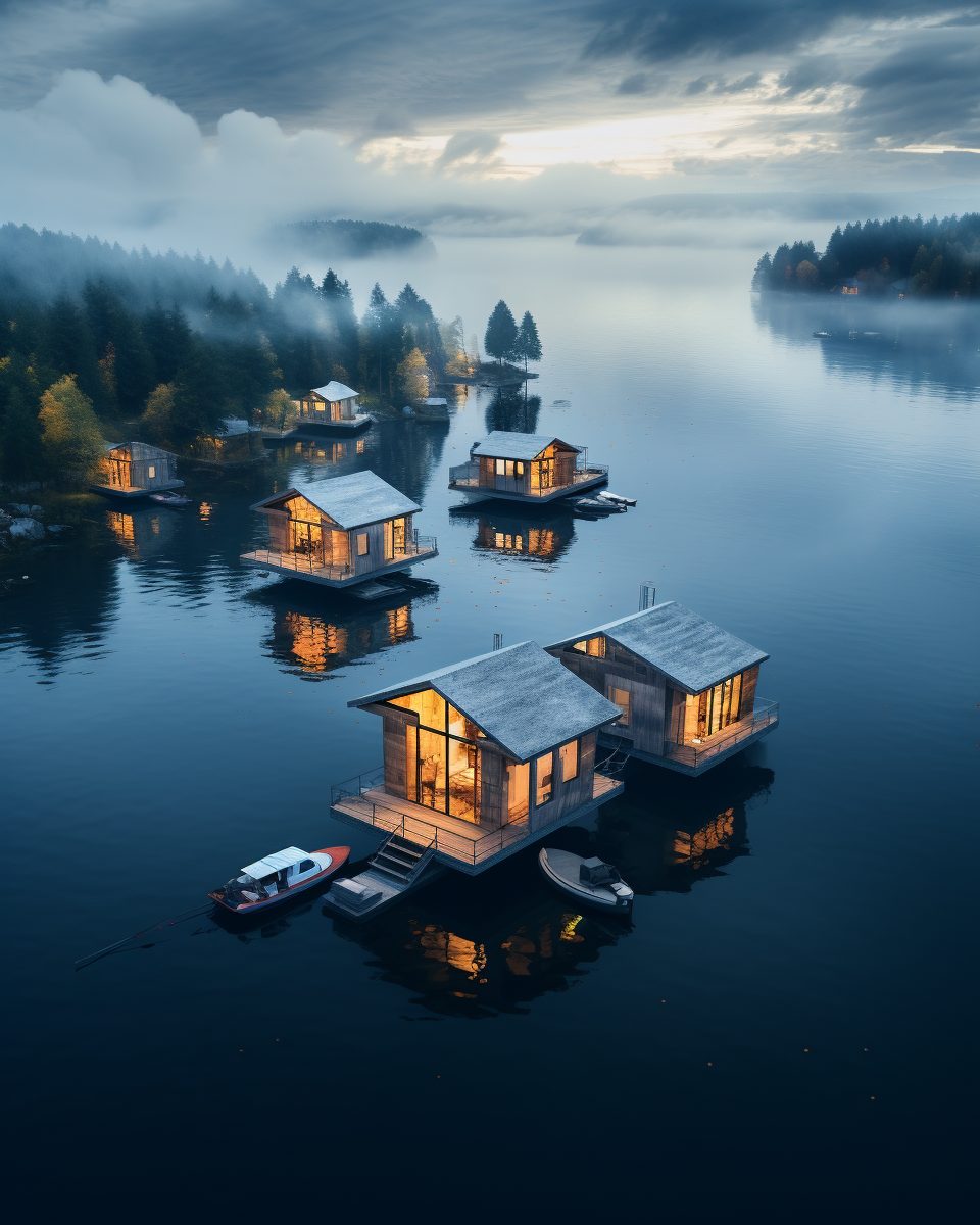 Modern Floating Houses On A Lake