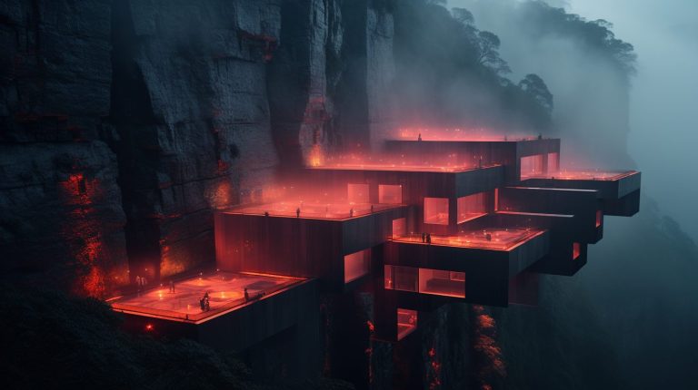 Red Neon Brutalist Buildings by the Mountainside