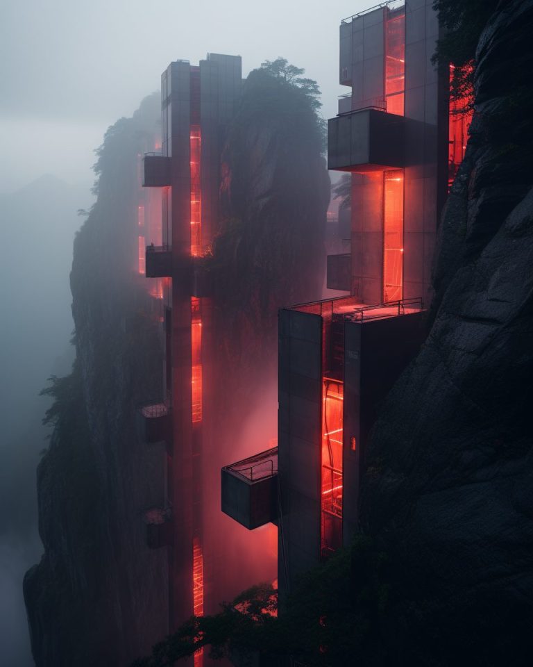 Red Neon Brutalist Buildings by the Mountainside