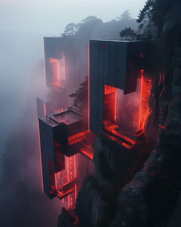 Red Neon Brutalist Buildings by the Mountainside