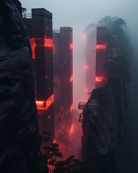 Red Neon Brutalist Buildings by the Mountainside