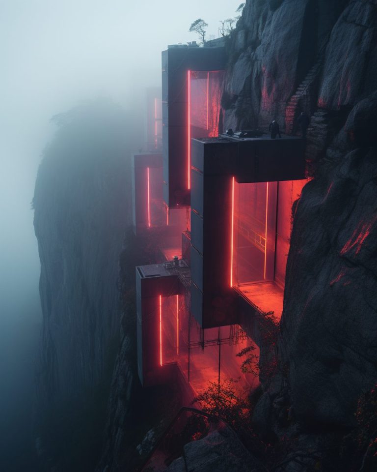 Red Neon Brutalist Buildings by the Mountainside
