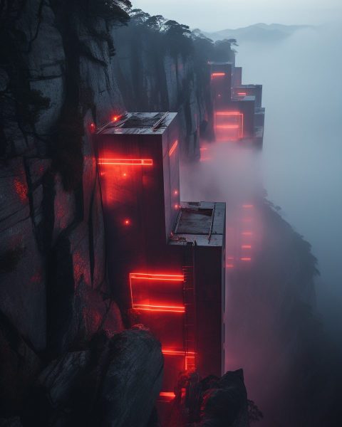 Red Neon Brutalist Buildings by the Mountainside