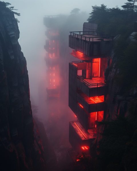 Red Neon Brutalist Buildings by the Mountainside