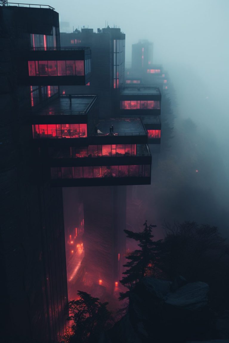 Red Neon Brutalist Buildings by the Mountainside