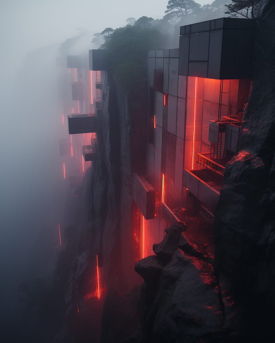 Red Neon Brutalist Buildings by the Mountainside