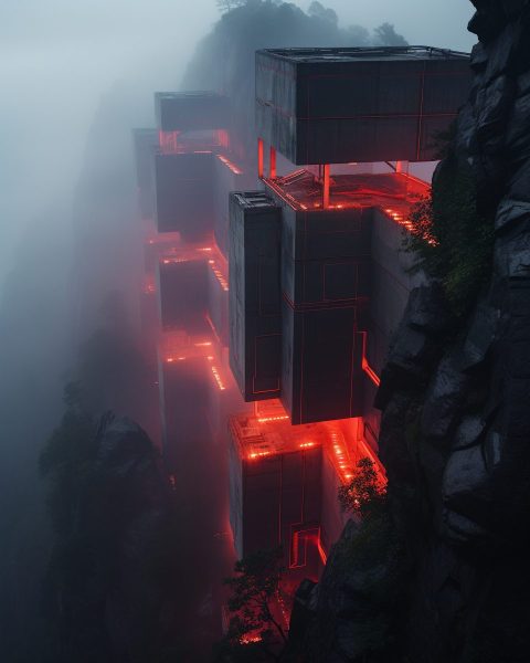 Red Neon Brutalist Buildings by the Mountainside