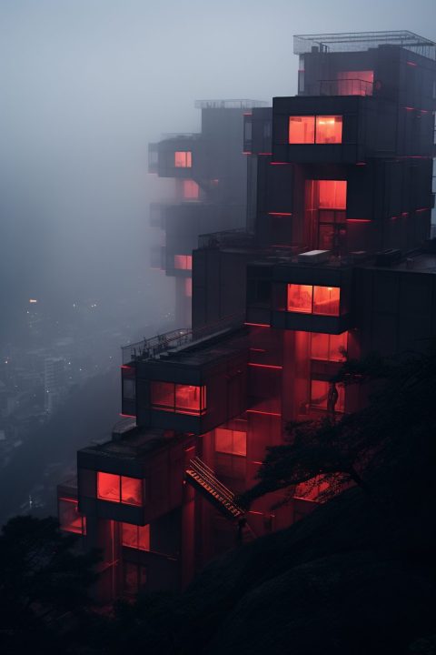 Red Neon Brutalist Buildings by the Mountainside